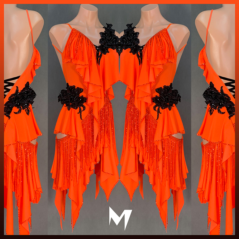 Orange Ruffle Dress with Black Floral Motifs #L086